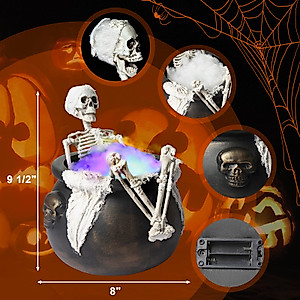 8" Cauldron Halloween Decorations Indoor, Skeleton Bathing Black Plastic Cauldron with LED Lights, Perfect Witch Cauldron Decor for Indoor Halloween Decorations Party & Haunted House Props