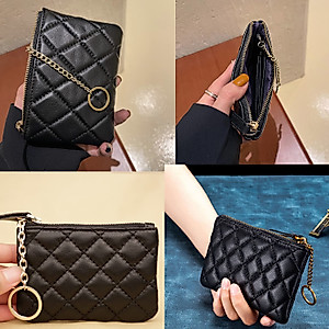 DORIS&JACKY Soft Lambskin Leather Coin Purse Small Quilted RFID Blocking Top Zipper Wallet With Keychain (Black)