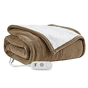 Serta Reversible Fleece to Sherpa Electric Blanket Fast Heating Soft Cover, Safety Auto Shut Off Timer, Low EMF, Multi Heat Setting, ETL Certified, Machine Washable, Stone Brown Throw (50 in x 60 in)