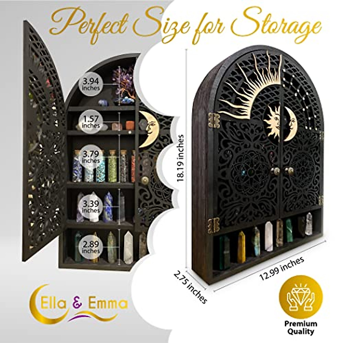 Sun and Moon Shelf Crystal Display Case - Wall Hanging Crystal Display Shelf for Stones, Nail Polish, & Essential Oil Storage - Crystal Holder for Stones Display - Crystal Shelf Crystal Cabinet