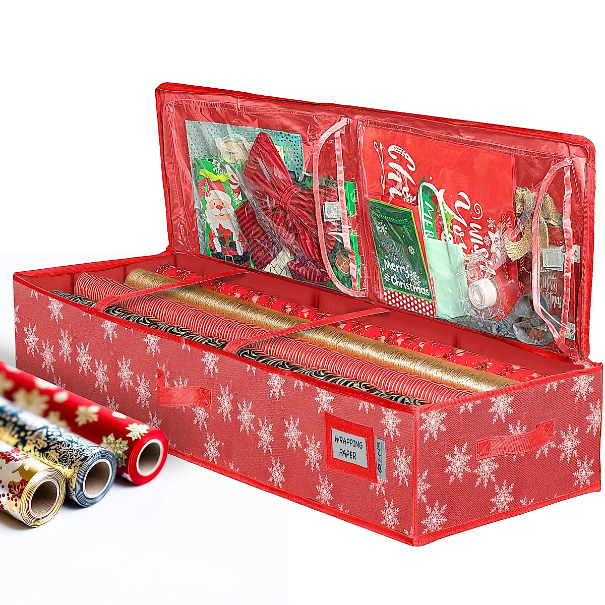 Wrapping Paper Storage Container – Fits up to 27 Rolls 1 3/8” Diam. - Underbed Gift Wrap Organizer Bags, Wrapping Paper Rolls, Ribbon, and Bows - Under Bed- Durable Material 600D - Up to 40” Rolls