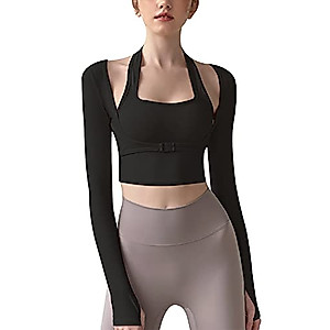 Gihuo Long Sleeve Cutout Yoga Tops Sports Tees Crop Tops T Shirt for Women Workout Black