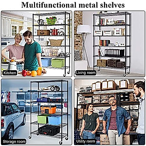 Wire Shelving Unit, Metal , with Wheels 6 Tier 2100lbs 48in L×18in W×82in H Storage Shelves Height Adjustable NSF Heavy Duty Steel Shelf Movable for Kitchen Garage Warehouse Commercial Rack, Black