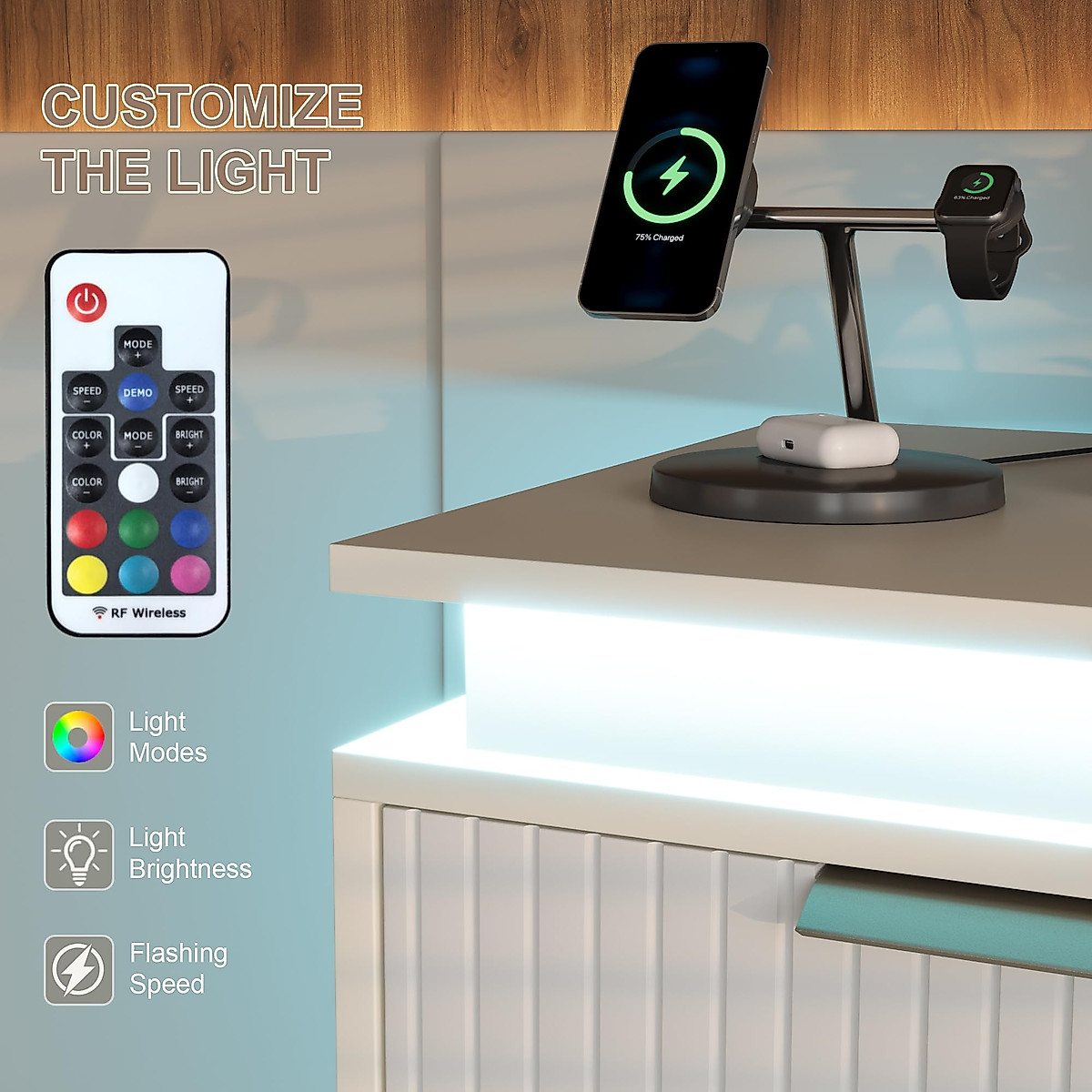 Furmax Nightstand with LED Light, Set of 2 Night Stand with Drawers, White Bedside Table, Modern End Side Table for Bedroom