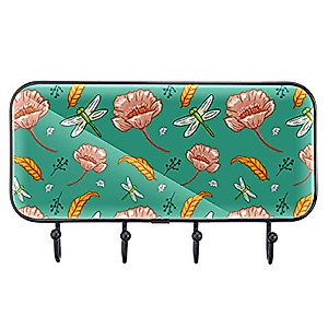 Adhesive Hooks Towel Hooks, Wall Hooks Stick on Bathroom/Kitchen/Bedroom Botanical Flowers Leaves Dragonfly