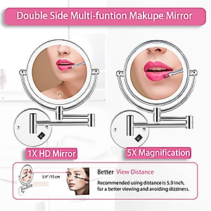 AMZNEVO Wall Mounted Lighted Makeup Mirror, 8 Inch Double-Sided 1X 5X Magnifying Mirror for Bathroom, 11'' Extendable Arm, 360° Swivel, Touch DimmableLED Lights, Powered by Plug in, Chrome