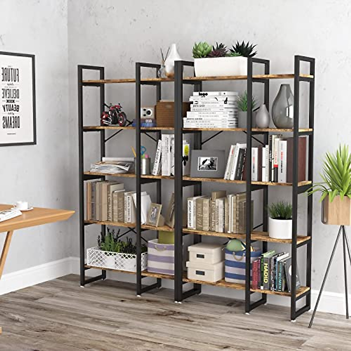 Easyzon 5 Tier Bookshelf and Bookcase, Rustic Industrial Bookshelf, Large Etagere Bookshelf Open Display Shleves with Metal Frame for Living Room Bedroom Home Office