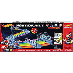 Hot Wheels Mario Kart Rainbow Road Raceway 8-Foot Track Set with Lights & Sounds & 2 1:64 Scale Vehicles, Race with 5-Track Colorful Course with 2 Configurations, Toy Gift for Kids