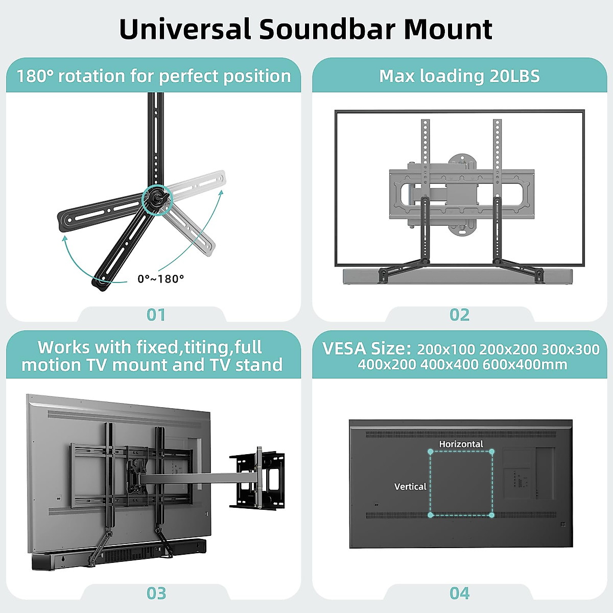 HCMOUNTING Soundbar Mount Bracket, Sound Bar Mounts Under TV or Above TVs Fits Most Sound Bars Up to 20 Lbs, Soundbar TV Mount with 180° Adjustable Extension Plates and L-Shaped Hooks
