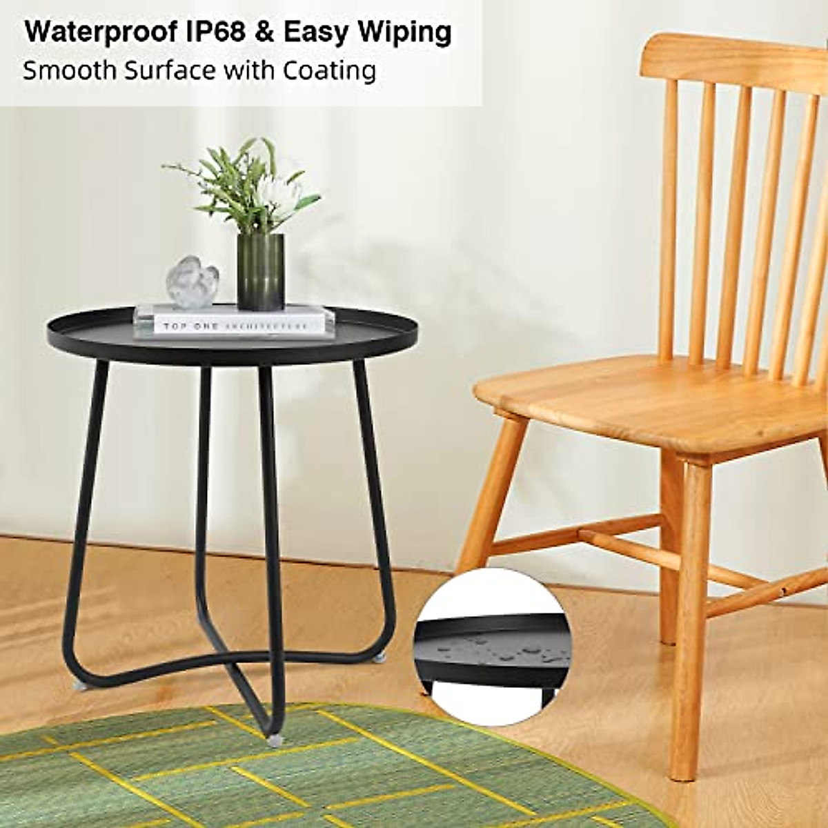 ECOMEX Patio Side Table, Outdoor Indoor End Table Metal Side Table Waterproof Round Metal End Table Weather Resistant Round End Table for Bedroom Living Room Patio Garden Balcony Yard Porch, Black