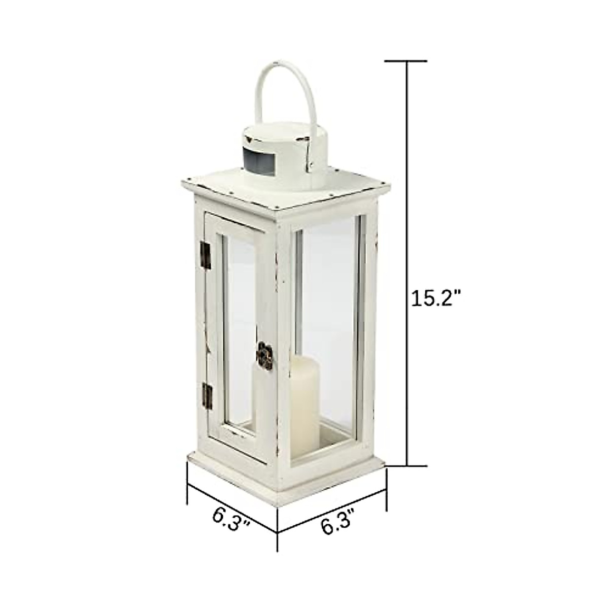 Rustic White Lantern Candle Holder 15In Tall, Hanging Farmhouse Wood Decorative Outdoor Lanterns for Wedding Decor, Hurricane Glass LED Fireplace Table Centerpiece Christmas, Style 1,