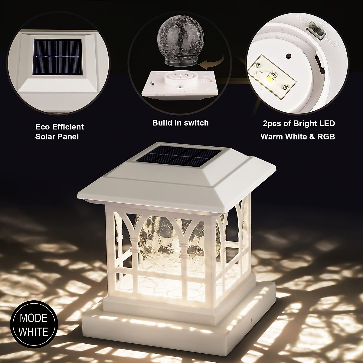 White Solar Post Lights Outdoor Fence Post Lights Fit 3.5x3.5 4x4 4.5x4.5 5x5 Deck Post Lights Solar Powered, RGB & Warm White, 20 LM 1000mAh Battery IP65 Waterproof, ABS Shell Glass Lens (12 Pack)
