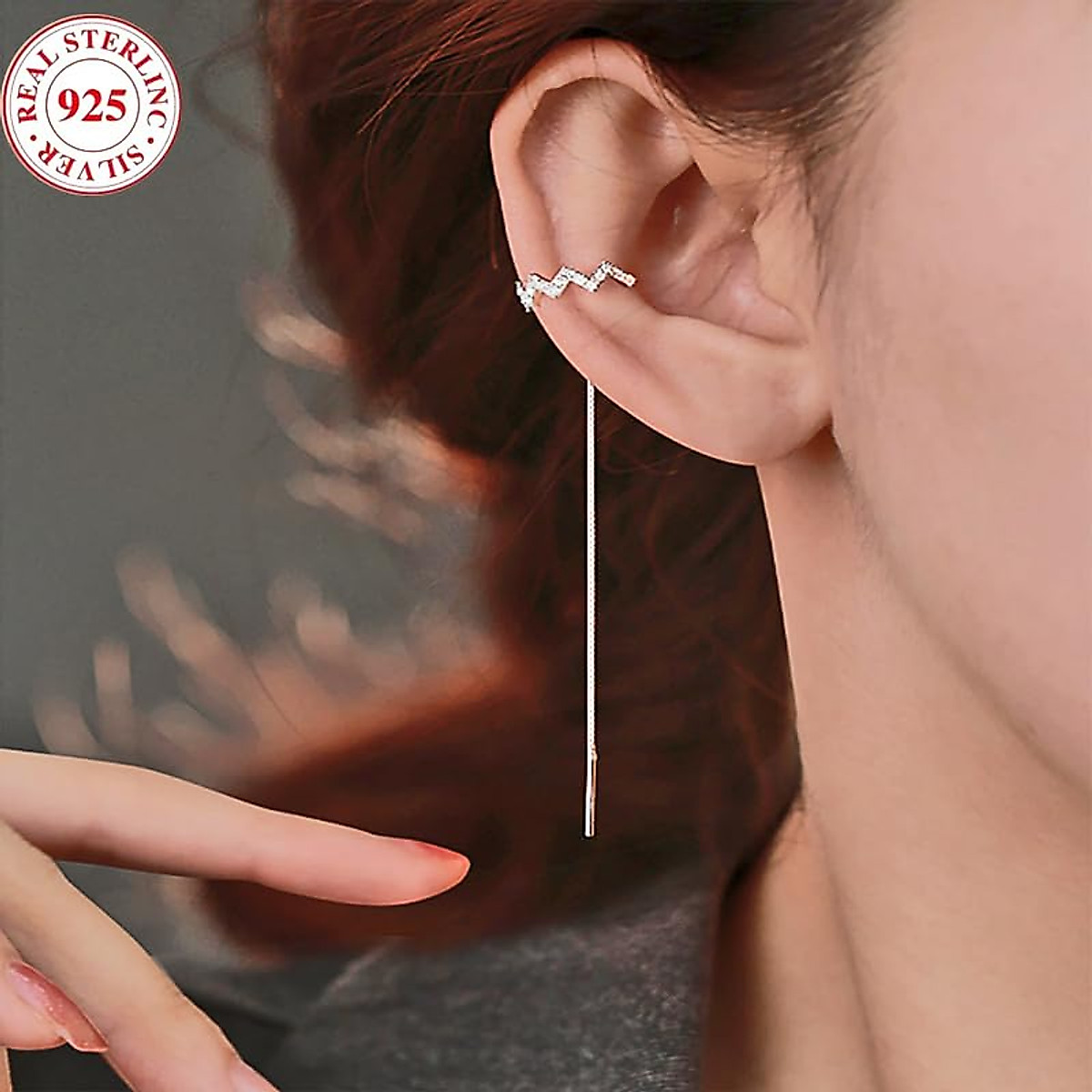 925 Sterling Silver Wave Cuff Earrings with Sparkly Cubic Zirconia Wrap Tassel Earrings for Women Dangle Earrings Threader Chain