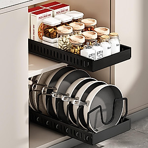 OUTIOE Pots and Pans Organizer Under Cabinet,Sliding Pot Lid Organizer for Cabinet,Pull Out Cabinet Organizer with 8 Adjustable Dividers (Black) (Black)