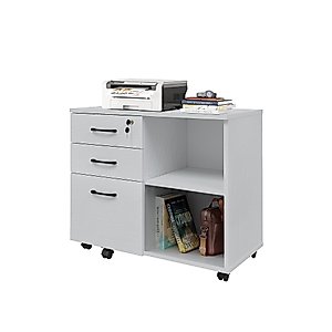 Gyger 3 Drawer File Cabinet for Home Office, Lateral Filing Cabinet with Open Storage Shelf, Mobile Lateral Printer Stand with Wheels and Storage，Wood File Cabinet with Lock(White)