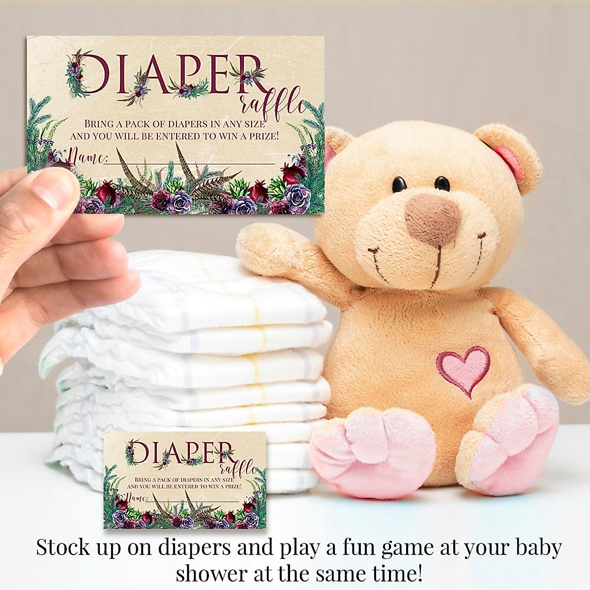 Amanda Creation Rustic Boho Watercolor Succulents, Pine, and Feathers Diaper Raffle Tickets for Baby Showers, 20 2" X 3” Double Sided Inserts, Bring a Pack of Diapers to Win Favors &