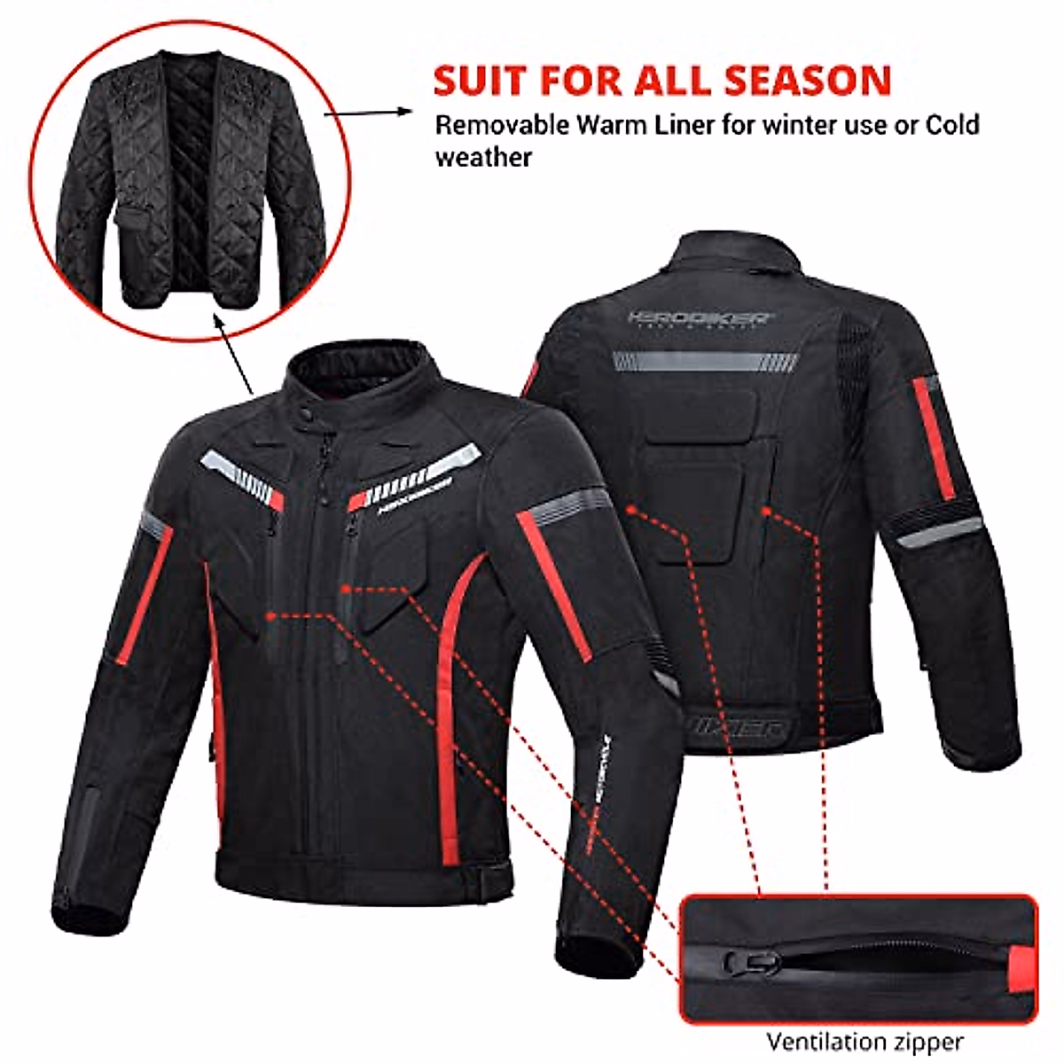 HEROBIKER Motorcycle Jacket Motocross Riding Jackets Motorbike CE Armor Windproof Riding Clothing Protective Gear Waterproof Black X-Large