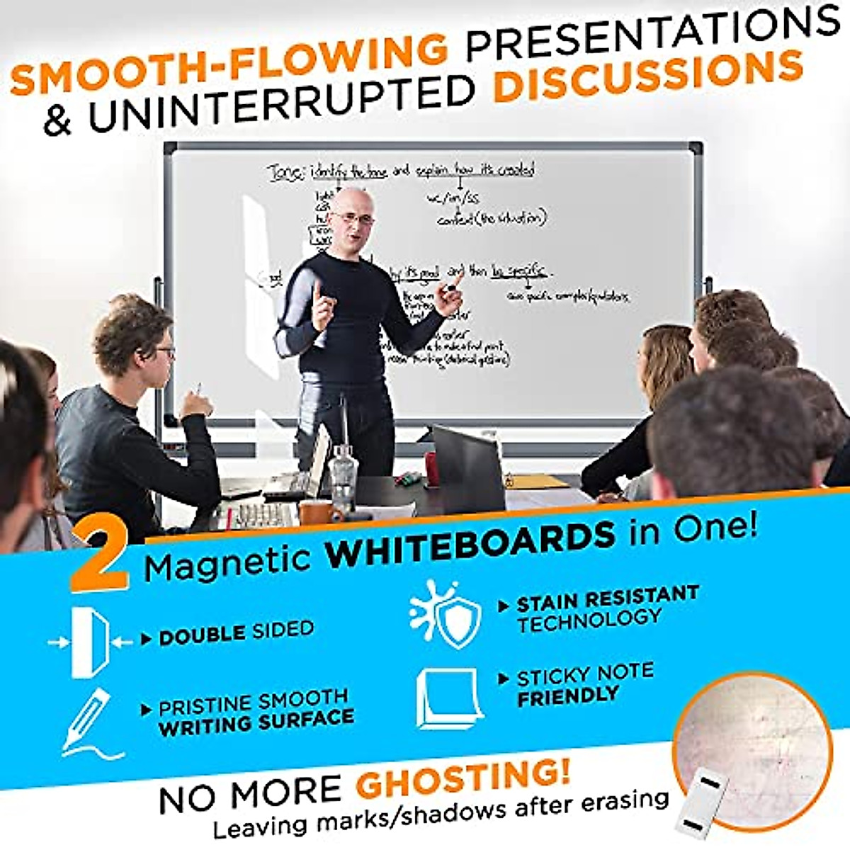 Zenguin Mobile Whiteboard – Easel Style Dry Erase Board w Locking Wheels - Double Sided Magnetic Easel Board - Adjustable Height Rolling Whiteboard - Portable Whiteboard w Accessories (48x36, Gray)