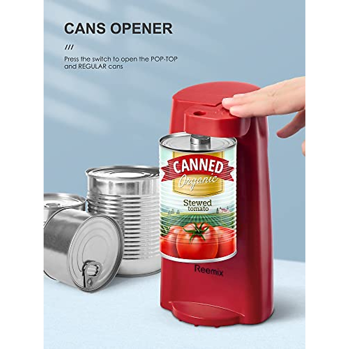 Electric Can Opener, Reemix Automatic Can Opener with Knife Sharpener and Bottle Opener 3 in 1, Easy Push Down Lever (Red)