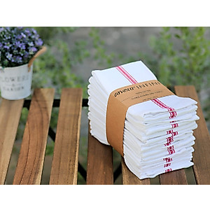 AMOUR INFINI Cotton Herringbone White Dish Towels Set of 12 - Highly Absorbent, Super Soft Tea Towel with Hanging Loops - Extra Large Quick Dry Bar Towel (16x28 Inch - Red)