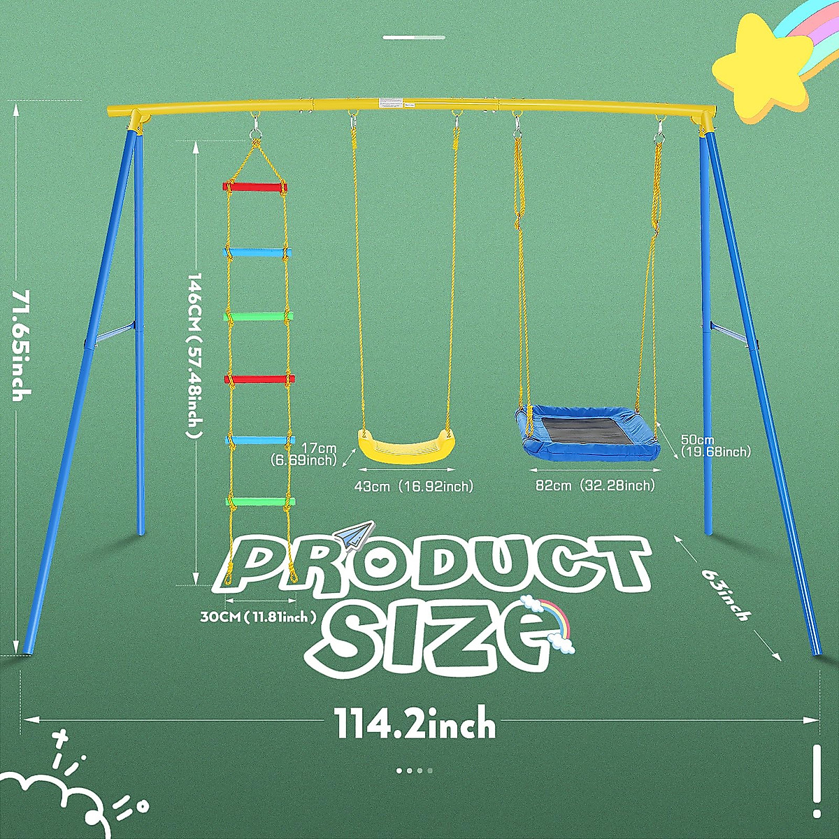 Plohee 3 in 1 Swing Sets for Backyard - 550lbs Heavy Duty Metal Kids Swing Set with Platform Swing Seat, Belt Swing Seat and Climbing Ladder for Playground