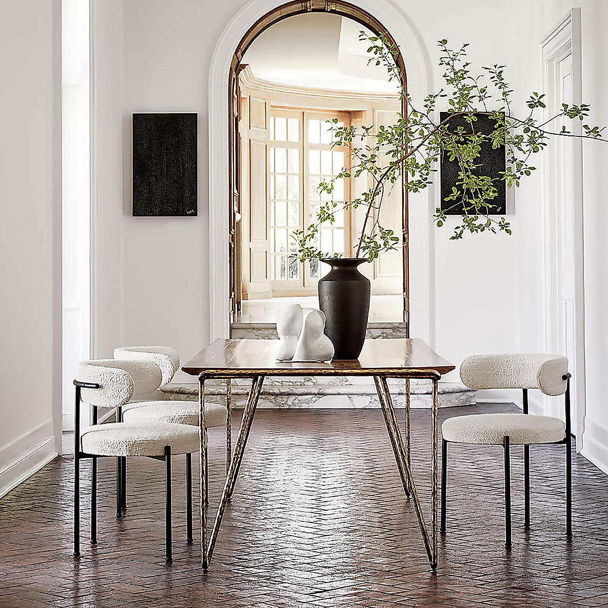 QQXX Upholstered Dining Chairs Cute Boucle Chair,Mid Century Modern Dining Chair for Kitchen Dining Room,Comfy Sherpa Accent Chair Vanity Chair Side Chairs with Metal Legs(Set of 4, White Black)