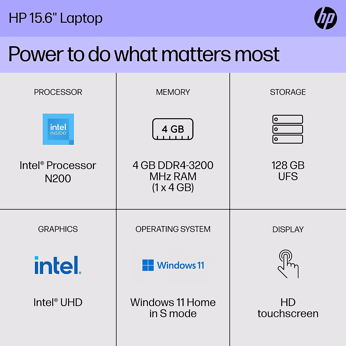 HP 15 Laptop, HD Touchscreen, Intel Processor N200, 4 GB RAM, 128 GB UFS, Intel UHD Graphics, Windows 11 Home in S Mode, 15-fd0010nr (2023),Silver