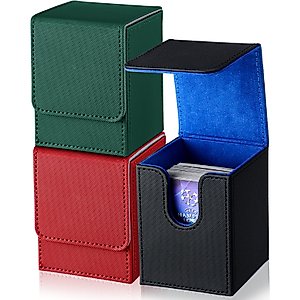 Weewooday 3 Pieces Leather Deck Card Boxes Cards Deck Game Box for 100 Plus Cards Compatible with MTG (Black Blue, Red, Green, Vertical)