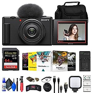 Sony ZV-1F Vlogging Camera (Black) (ZV1FB) + Case + 64GB Card + 2 x NP-BX1 Battery + Card Reader + Corel Photo Software + LED Light + Charger + Flex Tripod + Memory Wallet + More (Renewed)