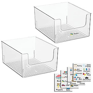 mDesign Plastic Open Front Toy Storage Organizer Bin for Playroom, Nursery, Kids Closets; Holds Action Figures, Crayons, Building Blocks, Puzzles - Ligne Collection - 2 Pack + 24 Labels - Clear