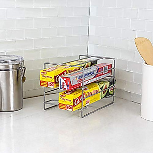 Home Basics W 3 Tier Heavy Duty Kitchen Countertop or Cabinet Organizer for Food Wrap, Foil, Wax Parchment Paper, Plastic Bags, Silver