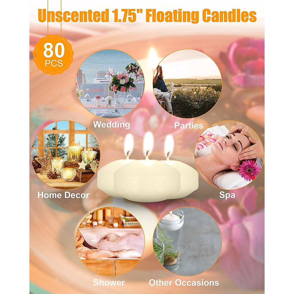 Treela 80 Pcs 1.73 Inch Unscented Floating Candles, Dripless Tealight Candles Home Decorations, Cute and Elegant Burning Candles for Wedding Vases Centerpieces Party Accessories (Ivory)