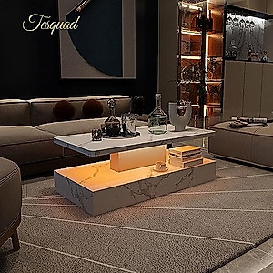 Tesquad Marble LED Coffee Table, Modern LED Coffee Table with High Gloss Surface, Modern White Living Room Table LED Light High Glossy Center Table for Living Room