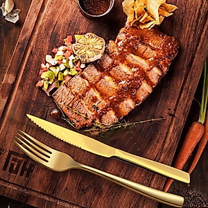 Keiwhsly Gold Serrated Steak Knife Set of 6, 9.1 Inche Stainless Steel Dinner Table Knives Dinnerware Set for Cutting Meat, Beef, Dishwasher Safe