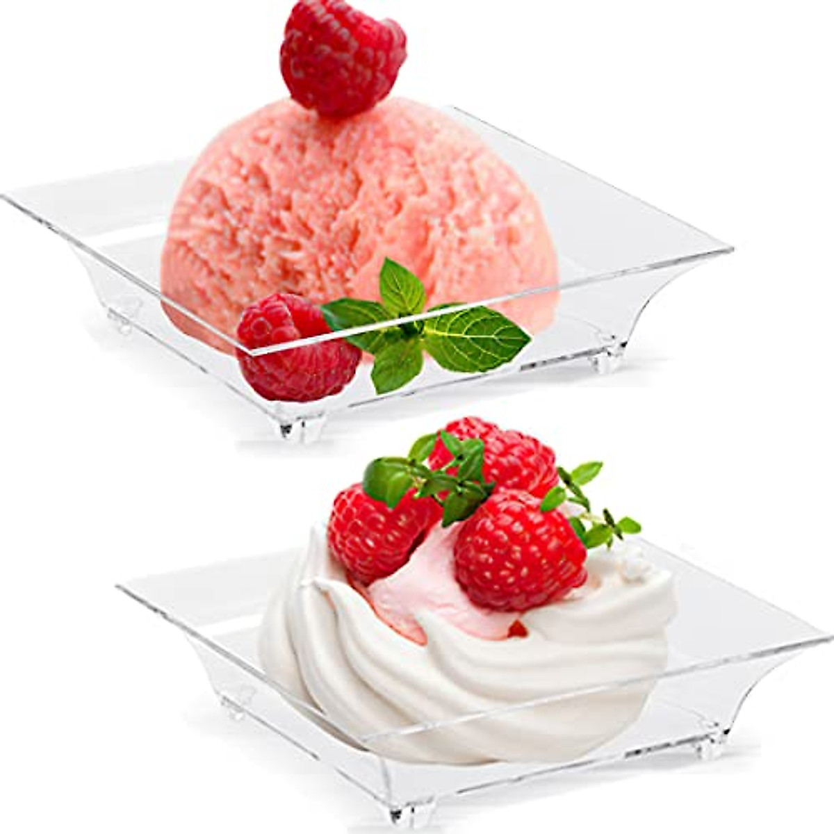 TOFLEN 100ct 1 oz Mini Dessert Plates with Tasting Spoons - Reusable Clear Plastic Square Party Serving Trays Mini Plates for Appetizers, Chocolates, Ice Cream, Fruit and More