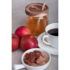 Honey Jar Pot Glass Holder Dispenser Set with Wooden Dipper Stick and Acacia Lid Cover for Home Kitchen, Clear, Modern Honey Syrup Glass Container for Storage Gift, Honey Pot and Drizzler (14 Oz)