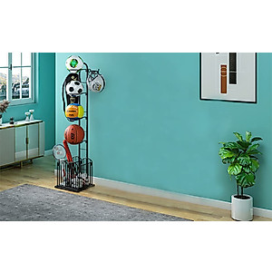 lesolar Basketball Rack - Sports Equipment Organizer - Ball Rack Ball Organizer for Garage with Hook Basket for Basketball Football Badminton Volleyball, Black