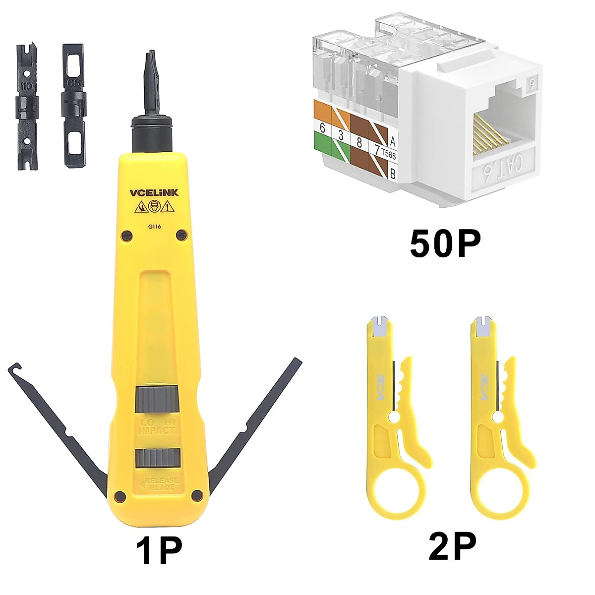 VCELINK 50-Pack RJ45 Cat6 Keystone Jack White Bundle with 1-Pack Punch Down Tool with 110 and 66 Blades and 2-Pack Mini Wire Stripper Cutter