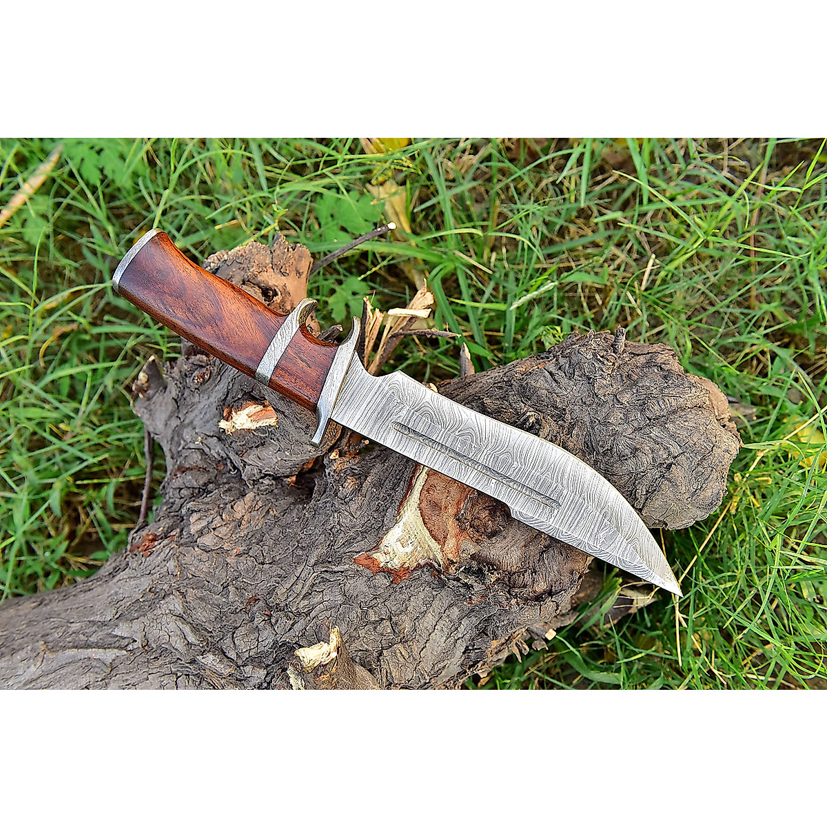 Damascus Hunting Knife, Handmade Full Tang Knife - Wood Handle Knife, Hand Forged Fixed Blade Knife & Bowi Knife - Camping Knives & Hiking Knives, Rose Wood Handle - Leather Knife Sheath