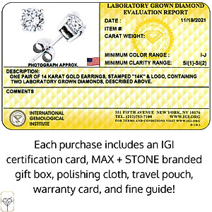 MAX + STONE IGI Certified 1/2 Carat Lab Grown Diamond Stud Earrings in 14k Real Yellow Gold with 4-Prong Setting