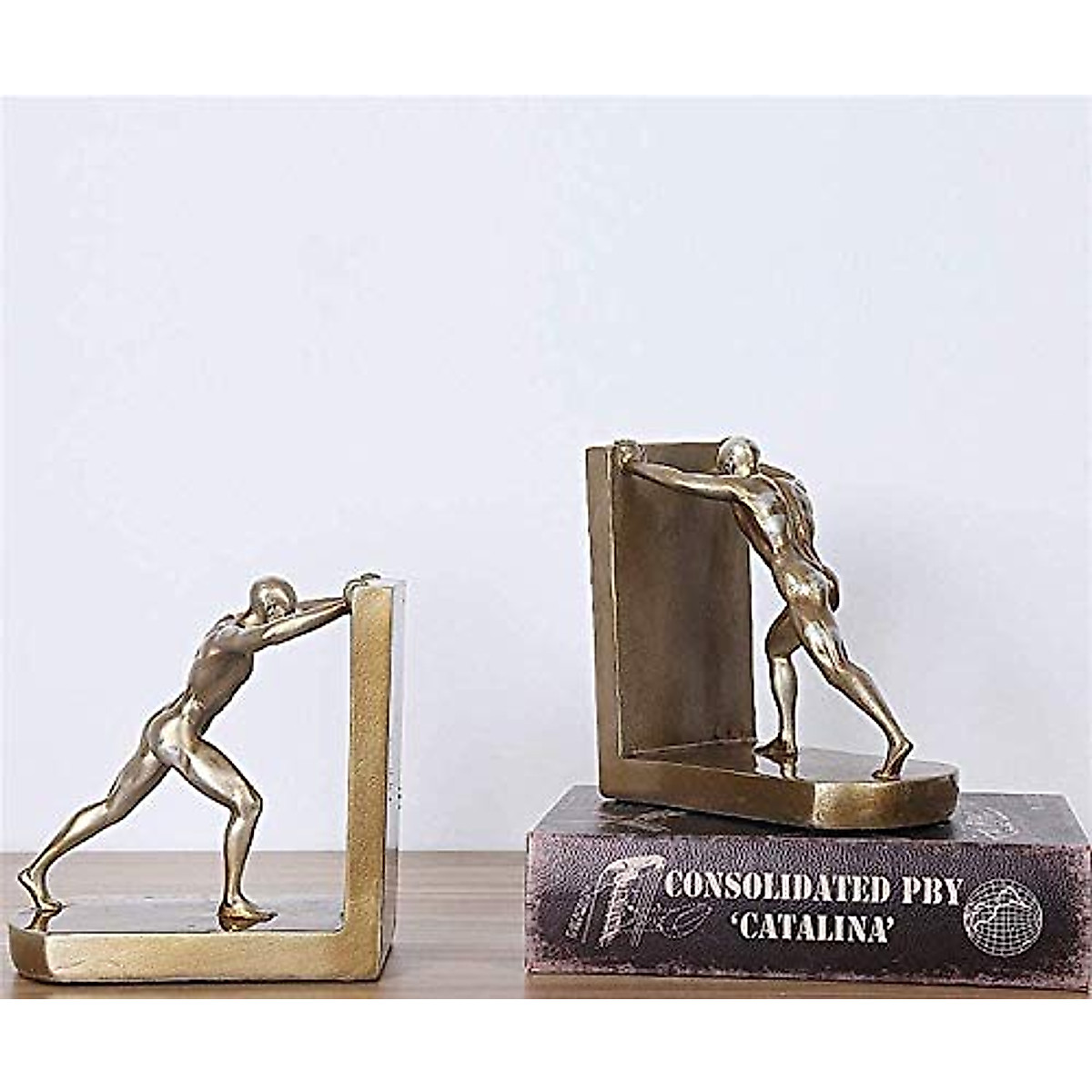 QLAZO Bookend Supports HeavyDuty ， Small Humanoid Bookend Set of Two, Bronze Finish Book Organizer Children Adults Desk Office Home Decoration