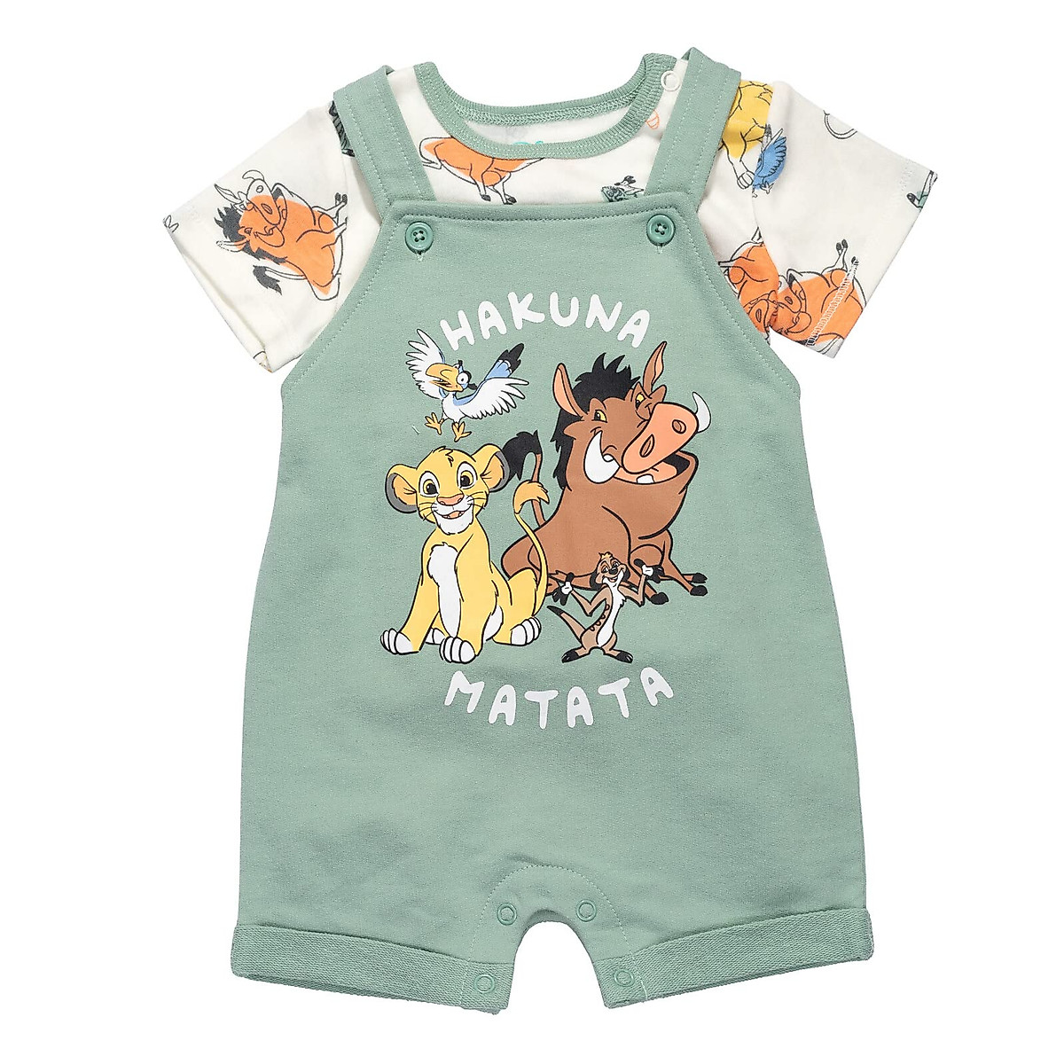 Disney Lion King Simba Timon Pumbaa Newborn Baby Boys French Terry Short Overalls T-Shirt & Hat 3 Piece Outfit 3-6 Months