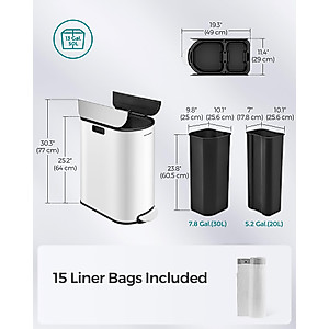 SONGMICS 13-Gallon Dual Kitchen Trash Can, 5.3 and 8 Gallon Compartments, Garbage Can with Wing Lids, Stainless Steel, Soft Close, Inner Buckets, Cloud White and Metallic Silver ULTB570W50