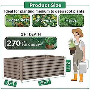 Galvanized Raised Garden Bed Kit For Outdoor , Vegetables , Flowers , Herbs , Steel Large Deep Root Tall Planter Box with 1Pc Gloves and Metal Fix Stake , Brown 6×3×2FT