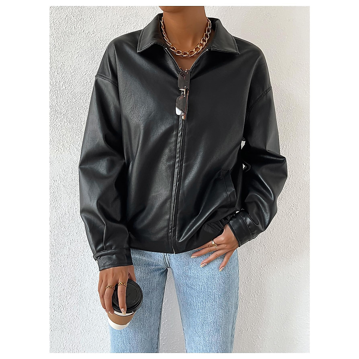 MakeMeChic Women's Faux Leather Shacket Long Sleeve Zip Up Motorcycle Jacket Biker Coat Zip Black S