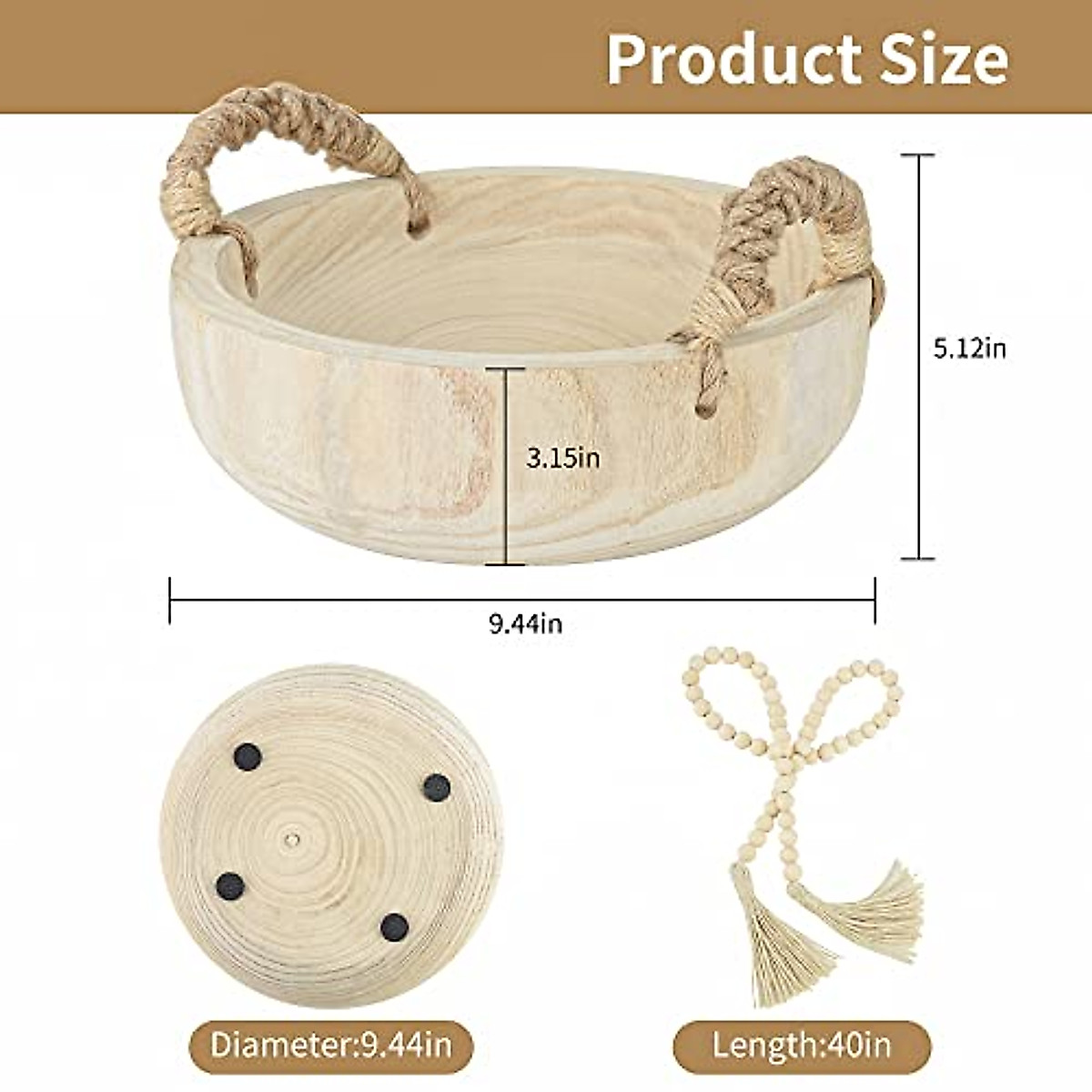 AllReal Paulownia Wood Bowl Rustic Wooden Dough Bowl for Decor Decorative Round Serving Key Bowl with Rope Handle and Wood Bead Garland for Tabletop Centerpiece Home Decor 9.5 inches