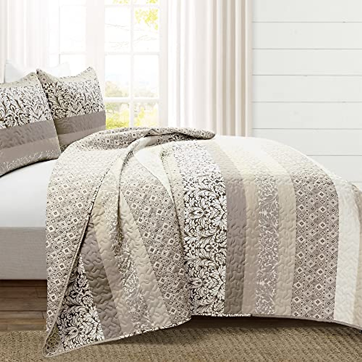 Lush Decor Boho Stripe Reversible Cotton Quilt 3-Piece Set, Full/ Queen, Neutral - Bold Colorful Bohemian Bedding Set