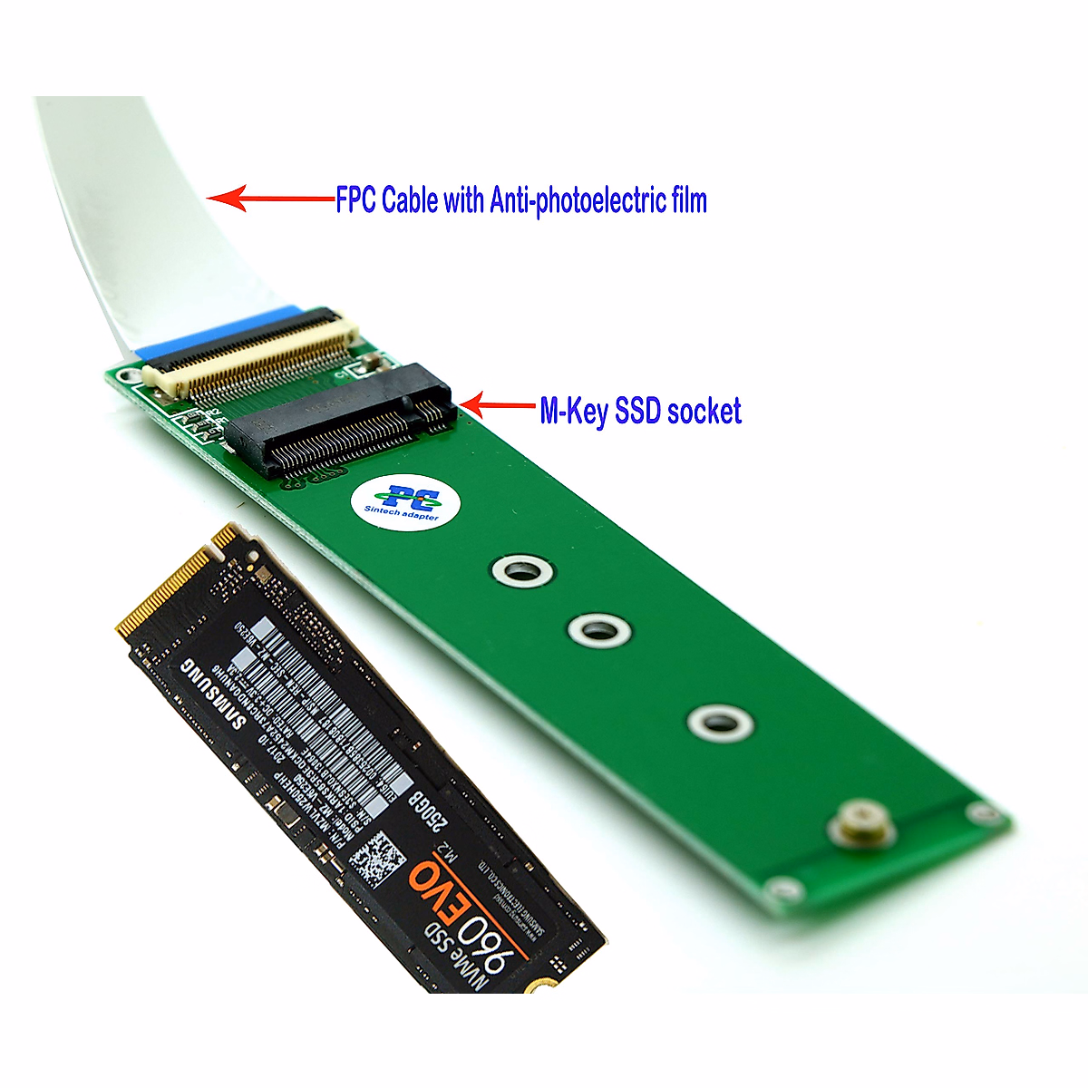 Sintech M.2 NVME Extender,NGFF M-Key PCIe 3.0 SSD Extention Card with Anti-electromagnetic Foiled Cable 20CMS (Silver Cable)