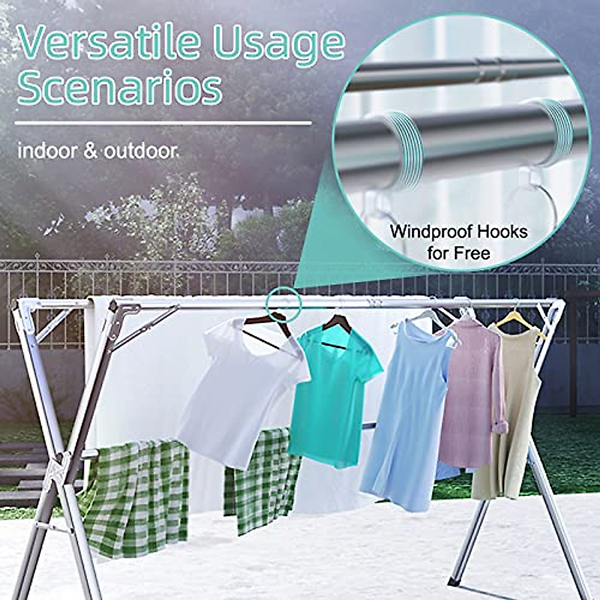 YACASA Clothes Drying Rack, 79 inch Heavy Duty Stainless Steel Laundry Drying Rack, Foldable &Length Adjustable Space Saving Garment Rack, with 20 Windproof Hooks.