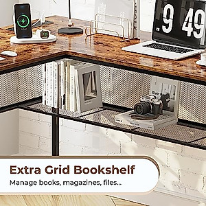PRAISUN L Shaped Office Desk with Power Outlets, Reversible Computer Desk with Grid Bookshelf and Storage Bag, Gaming Desk, Home Office Desk Corner Desk with Hooks, Rustic Brown